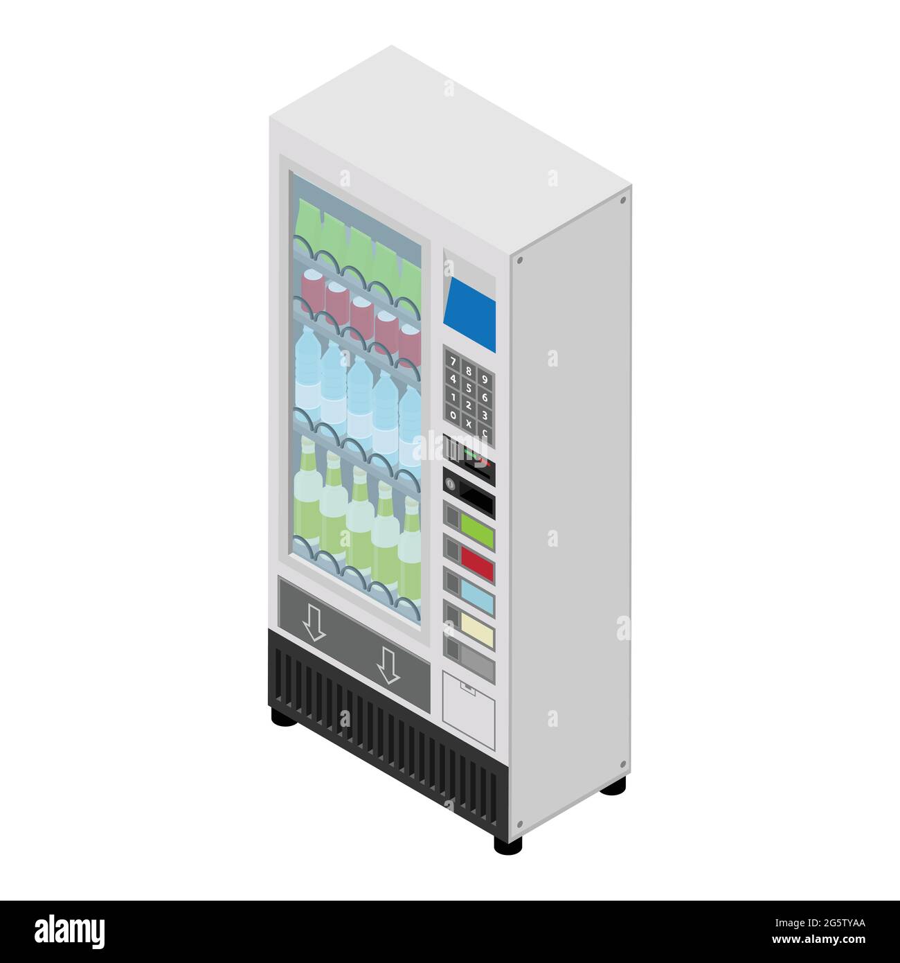 Vending machine with snacks and drinks isolated on white background, isometric view. Vector ...