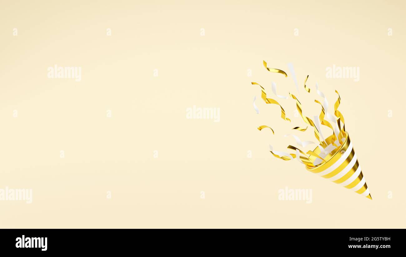 Golden party popper with flying confetti 3d render illustration with ...