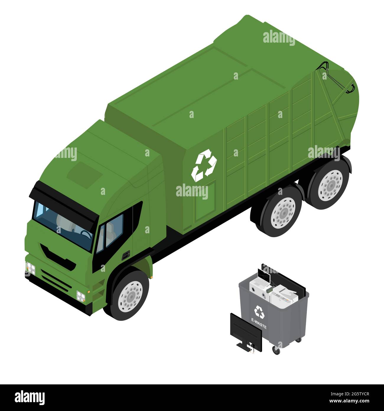 E-waste in garbage can with sorted garbage and garbage truck. Recycling ...