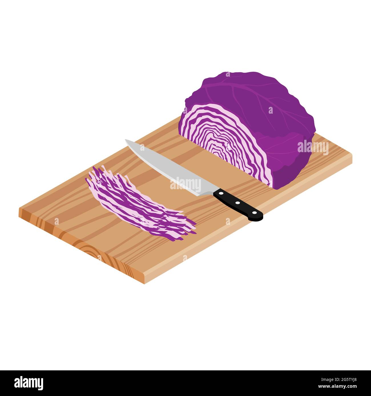 Red cabbage slice, knife and cutted cabbage on wooden chopping board ...