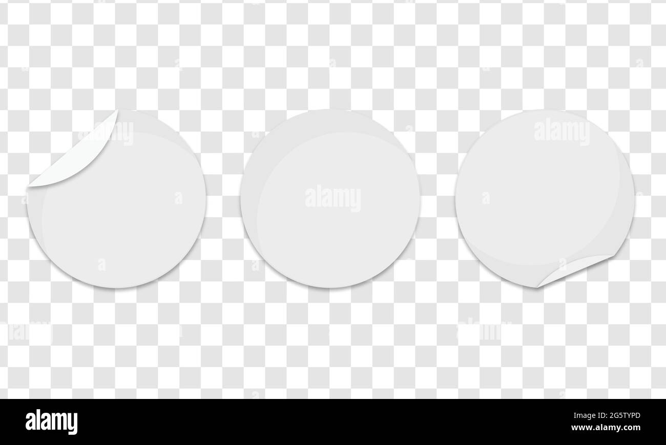 Circle adhesive symbols. White tags, paper round stickers with peeling ...