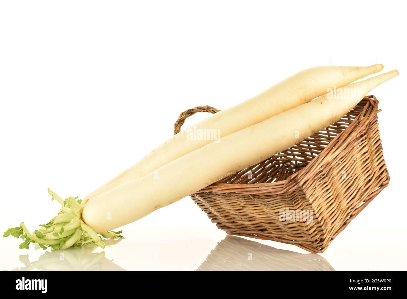 Two fresh radish with a basket of vine, close-up, isolated on white ...