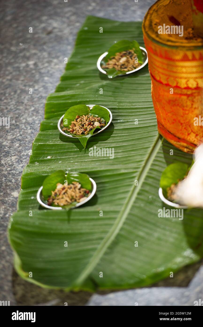 Puja (prayer) items at a Hindu Indian Wedding Stock Photo - Alamy