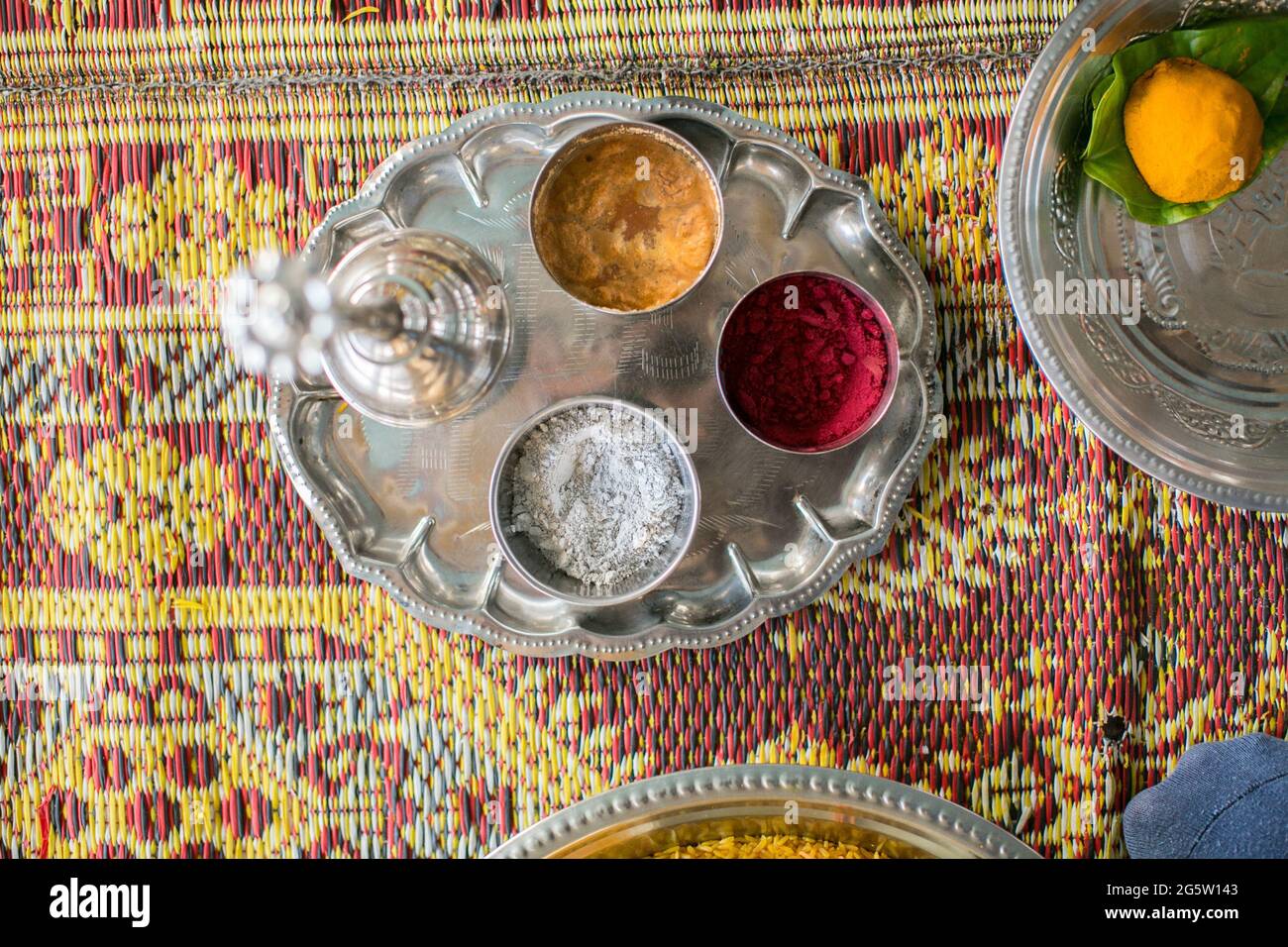 Puja (prayer) items at a Hindu Indian Wedding Stock Photo - Alamy