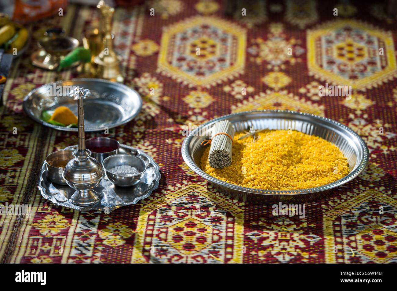 Puja (prayer) items at a Hindu Indian Wedding Stock Photo - Alamy