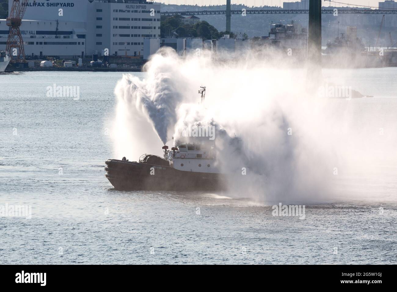 tugboat using fire fighting cannons to say goodbye to RMS Queen Mary 2 ...