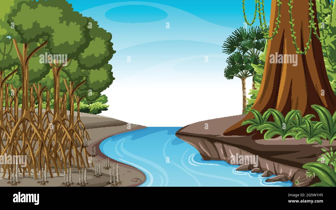 Nature scene with Mangrove forest at daytime in cartoon style ...