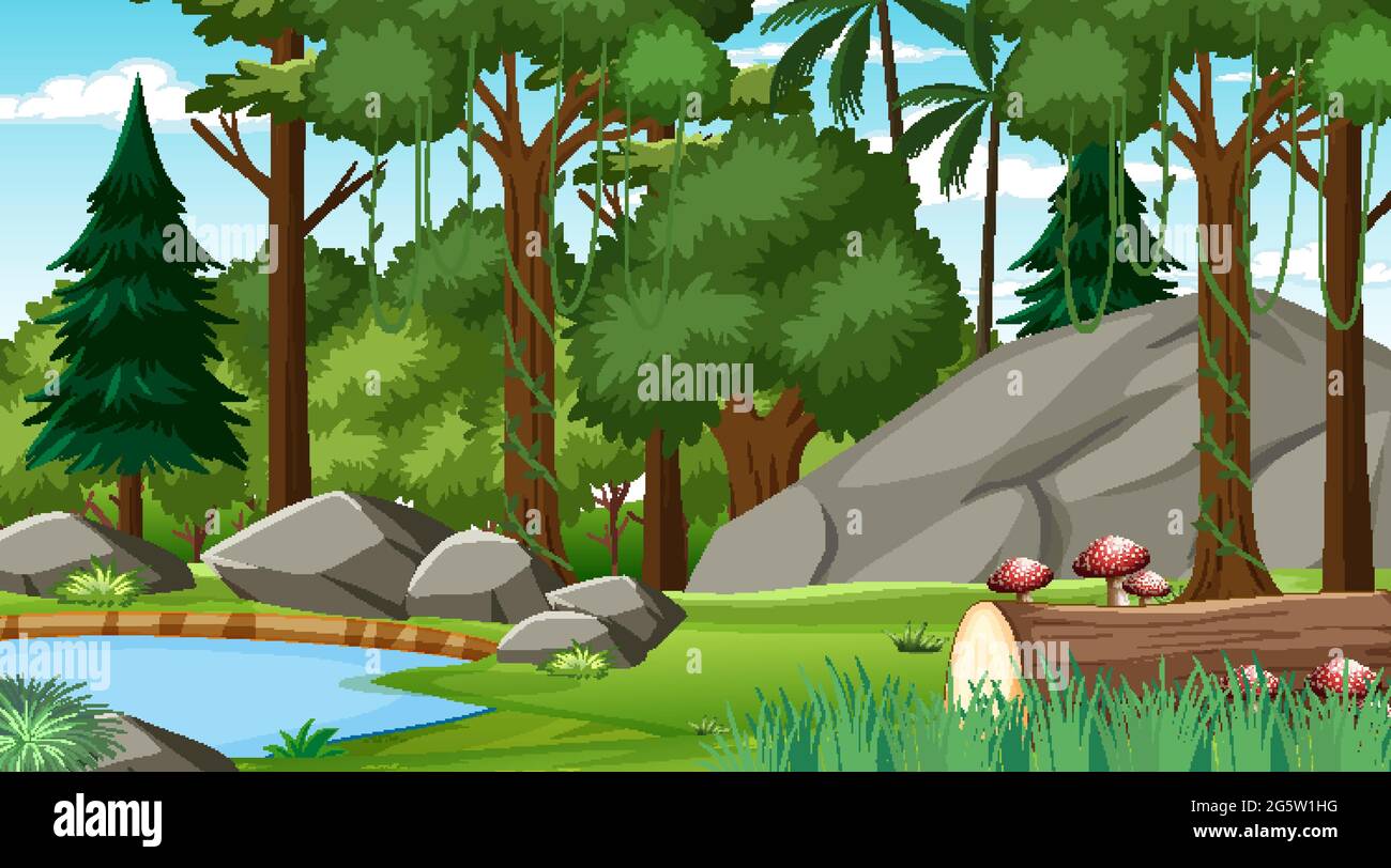 Forest at daytime scene with various forest trees illustration Stock ...