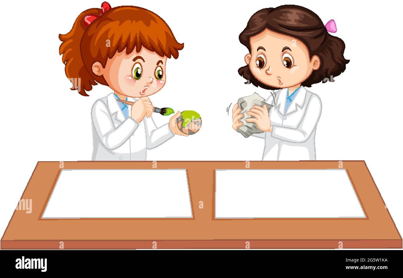 Two young scientist uniform with blank paper on the table illustration ...