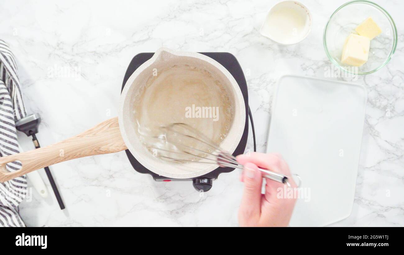 Flat lay. Step by step. Preparing homemade caramel in the cooking pot ...