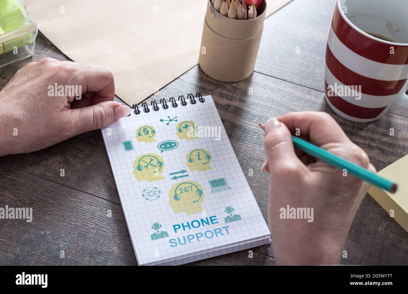 Phone support concept drawn on a notepad Stock Photo - Alamy