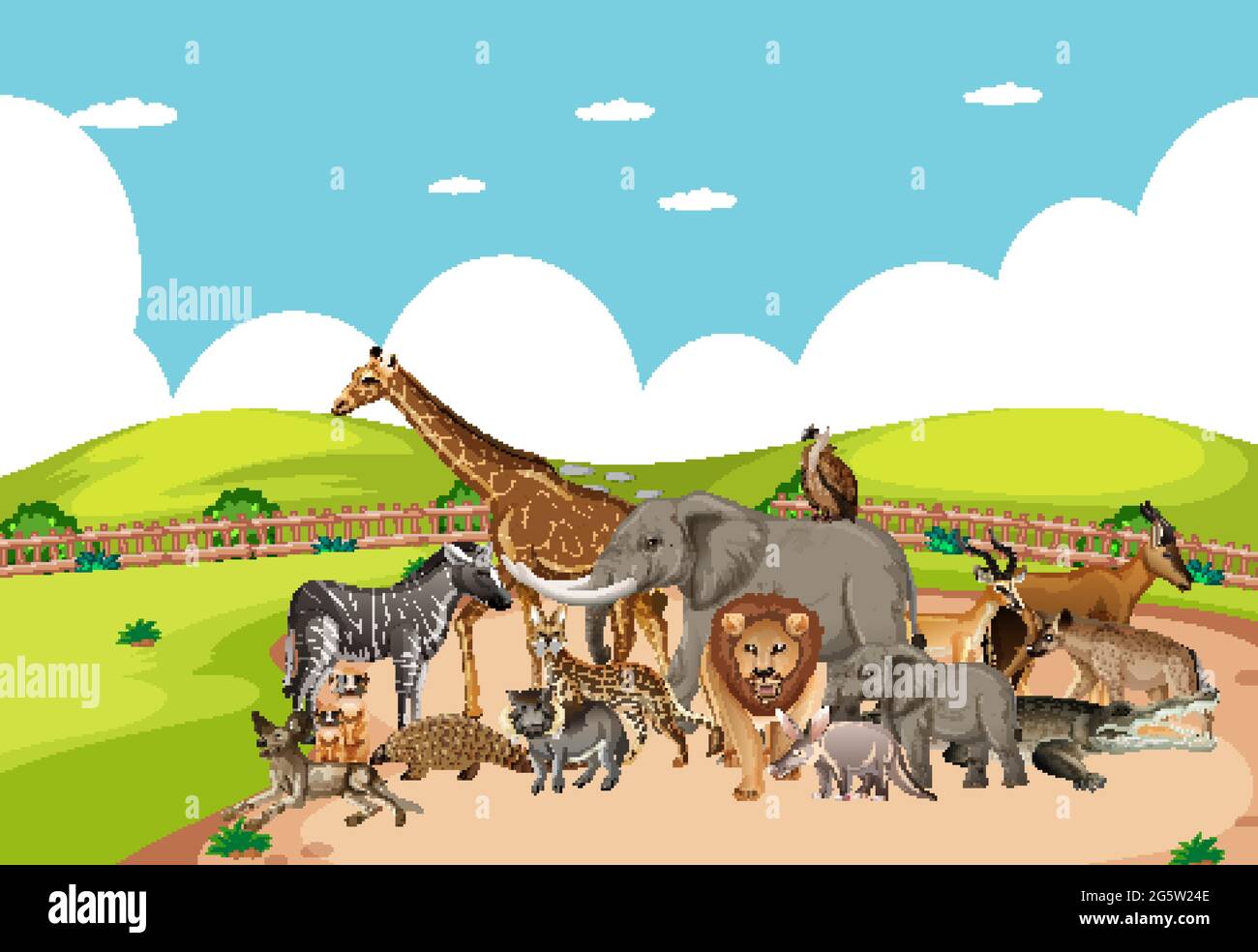 Group of wild african animal in the zoo scene illustration Stock Vector ...