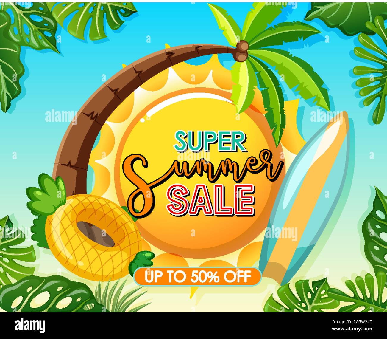 Super Summer Sale logo with tropical leaves banner template ...