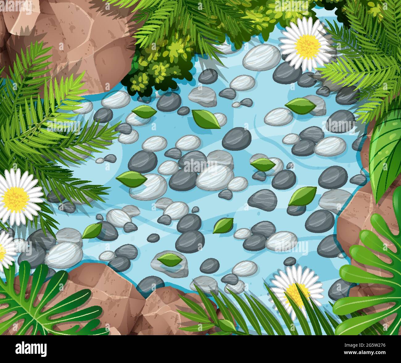 Aerial forest scene with stones in the pond illustration Stock Vector ...