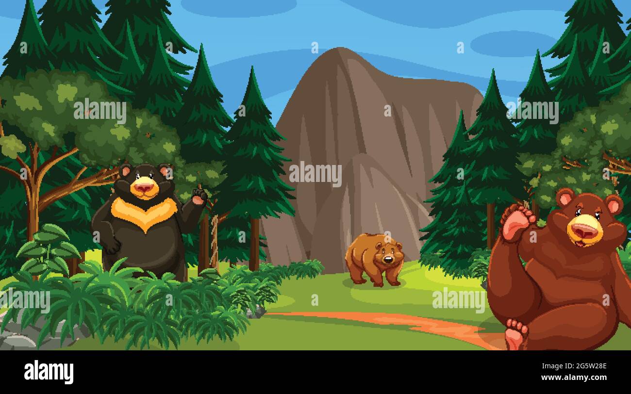 Different bears in forest or rainforest scene with many trees ...