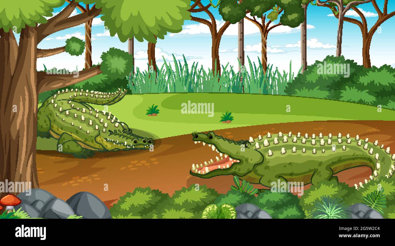 Crocodile in forest at daytime scene with many trees illustration Stock ...