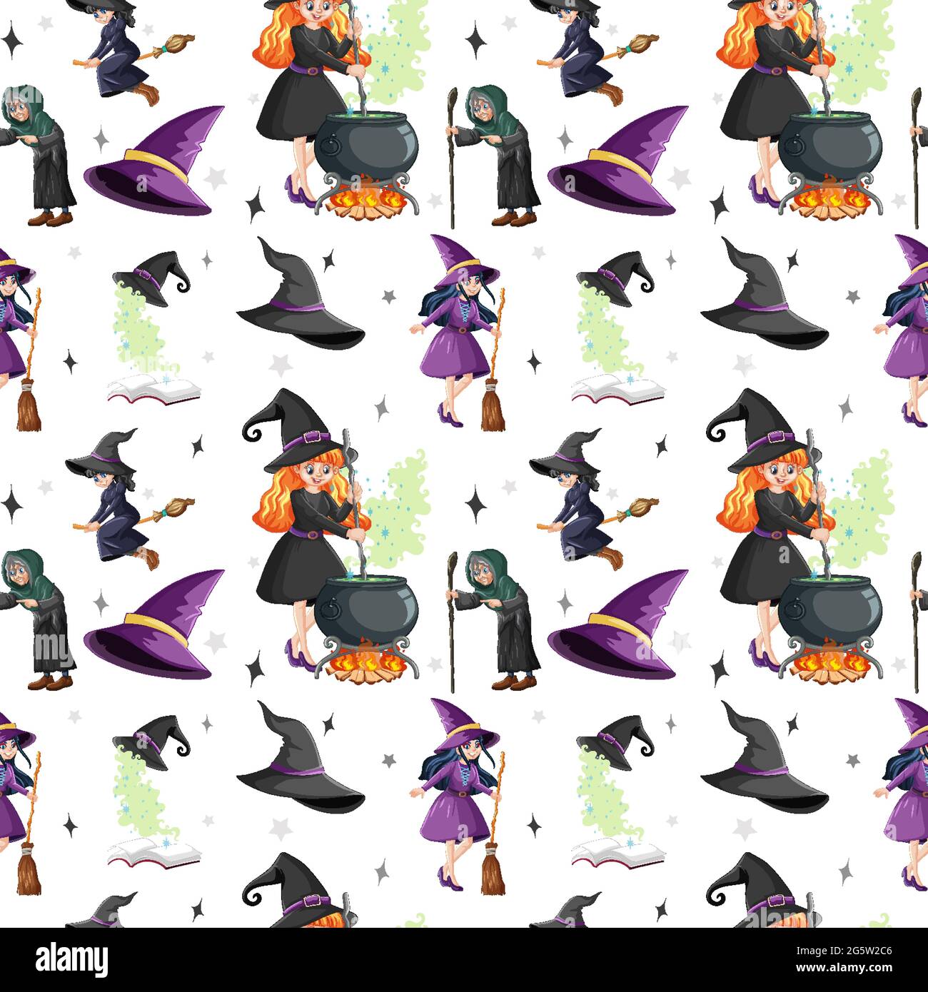 Seamless pattern with witches and elements illustration Stock Vector ...
