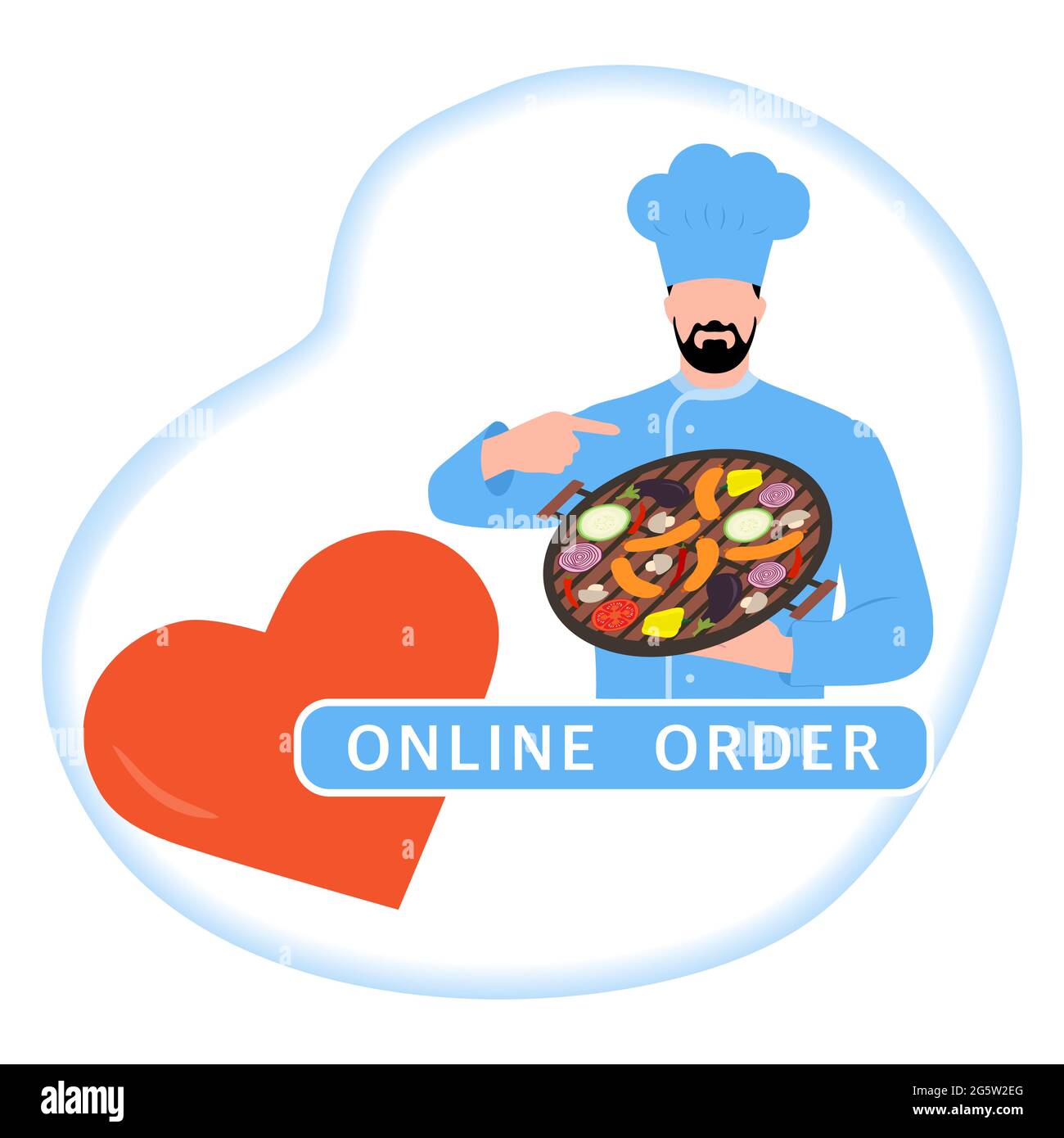 Vector illustration Online order. Chef offers to grill food. Ordering ...