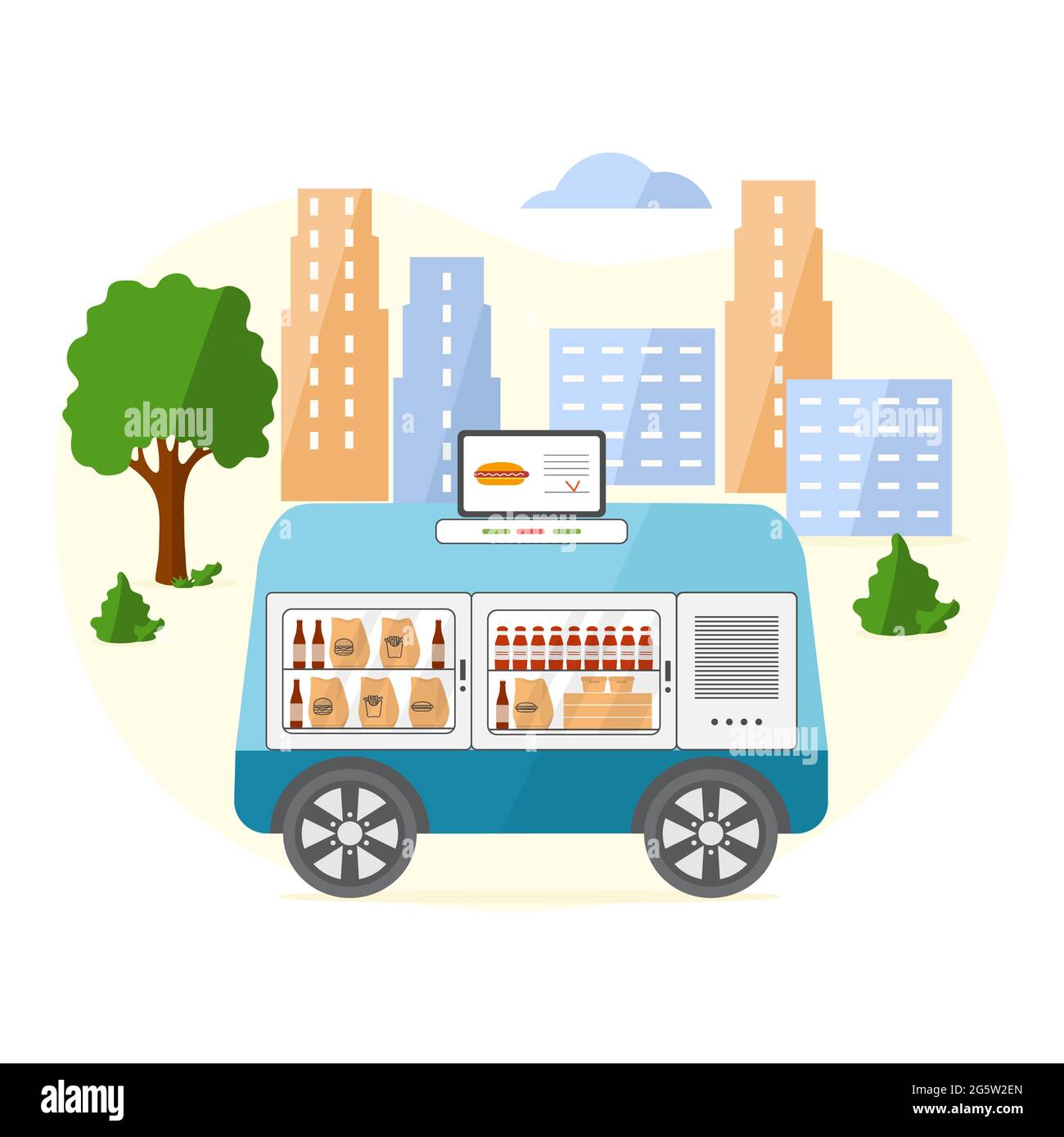 Vector illustration Fast food online order for delivery by self-driving ...