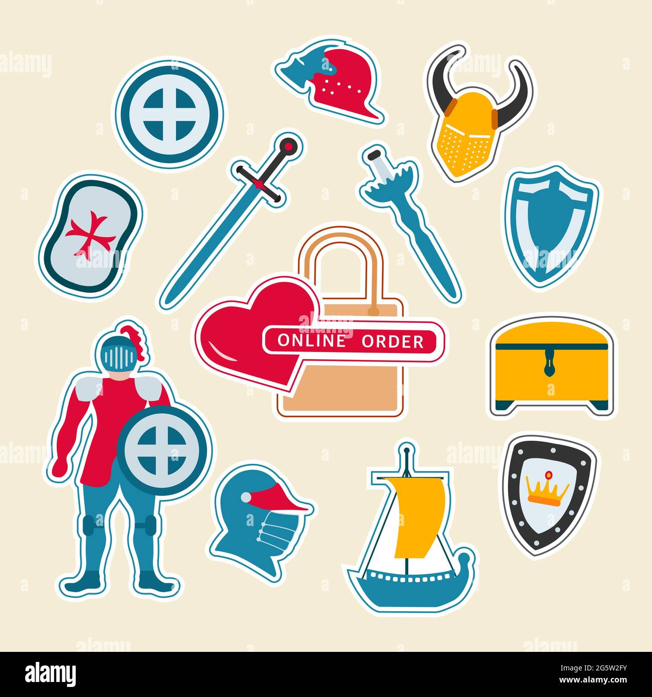 Vector illustration Stickers pack Online order Kid toys Knight, sword ...