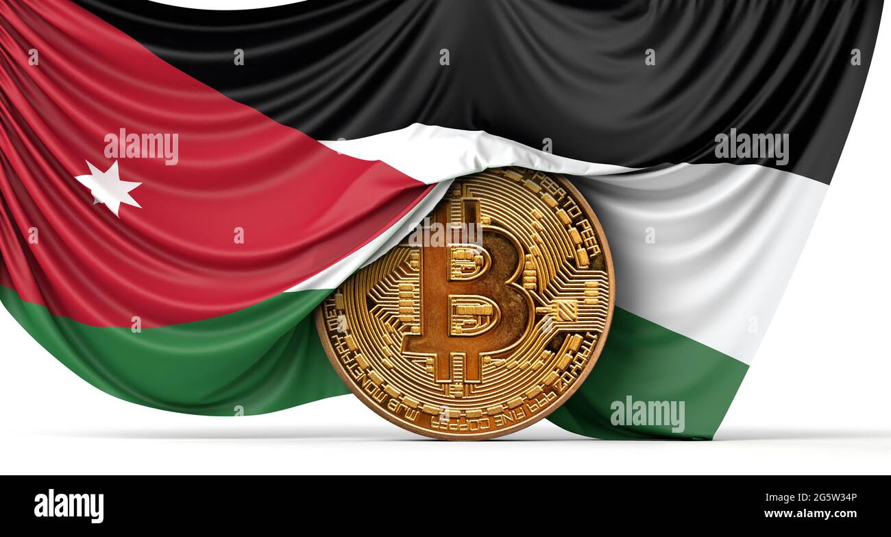 Jordan flag draped over a bitcoin cryptocurrency coin. 3D Rendering ...