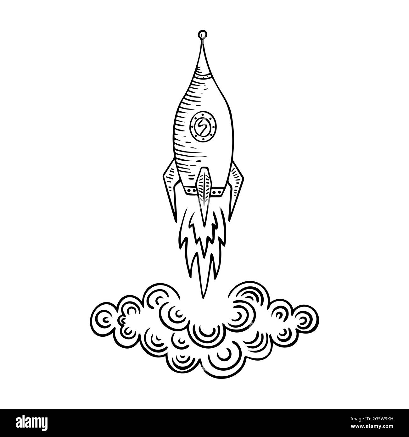Launching rocket drawing. Black space ship sketch on white background ...