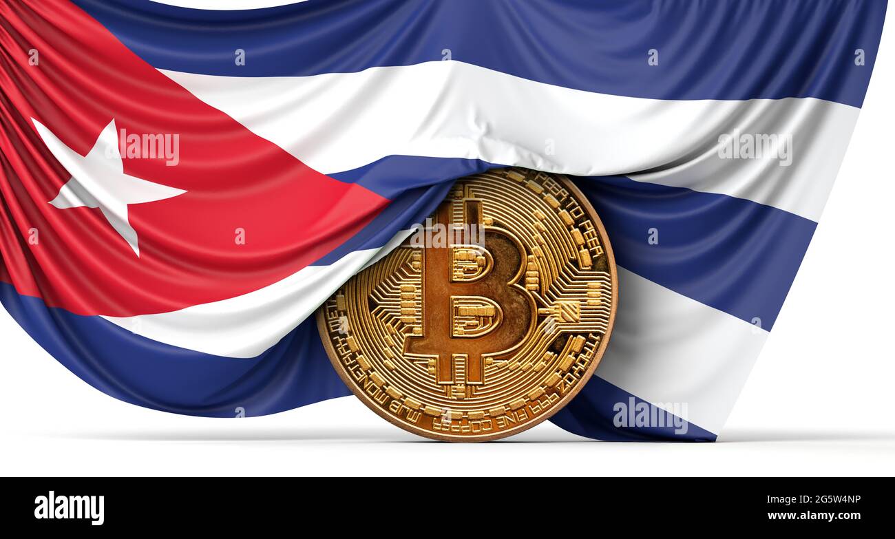 Cuba flag draped over a bitcoin cryptocurrency coin. 3D Rendering Stock ...