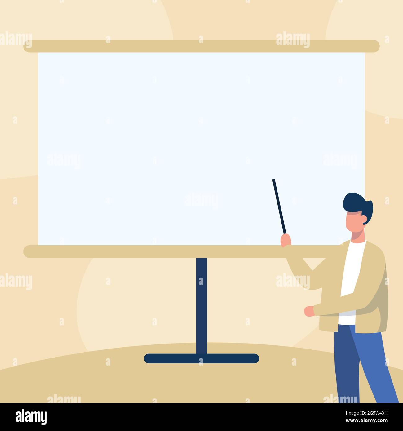 Teacher In Jacket Drawing Standing Pointing Stick At Blank Whiteboard ...