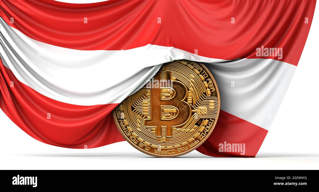 Austria flag draped over a bitcoin cryptocurrency coin. 3D Rendering ...