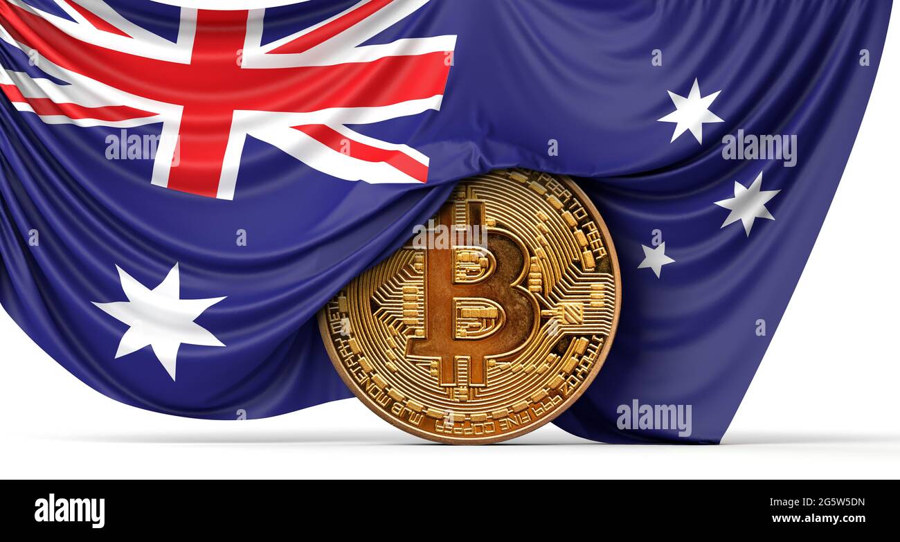 Australia flag draped over a bitcoin cryptocurrency coin. 3D Rendering ...