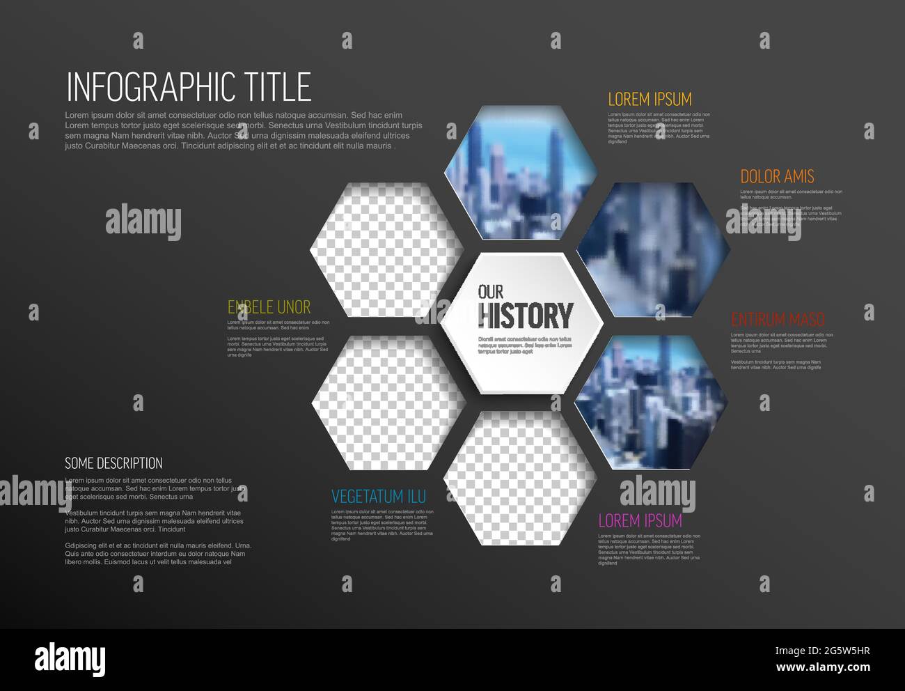Vector dark Infographic template made from hexagon photo placeholders with text content - dark ...