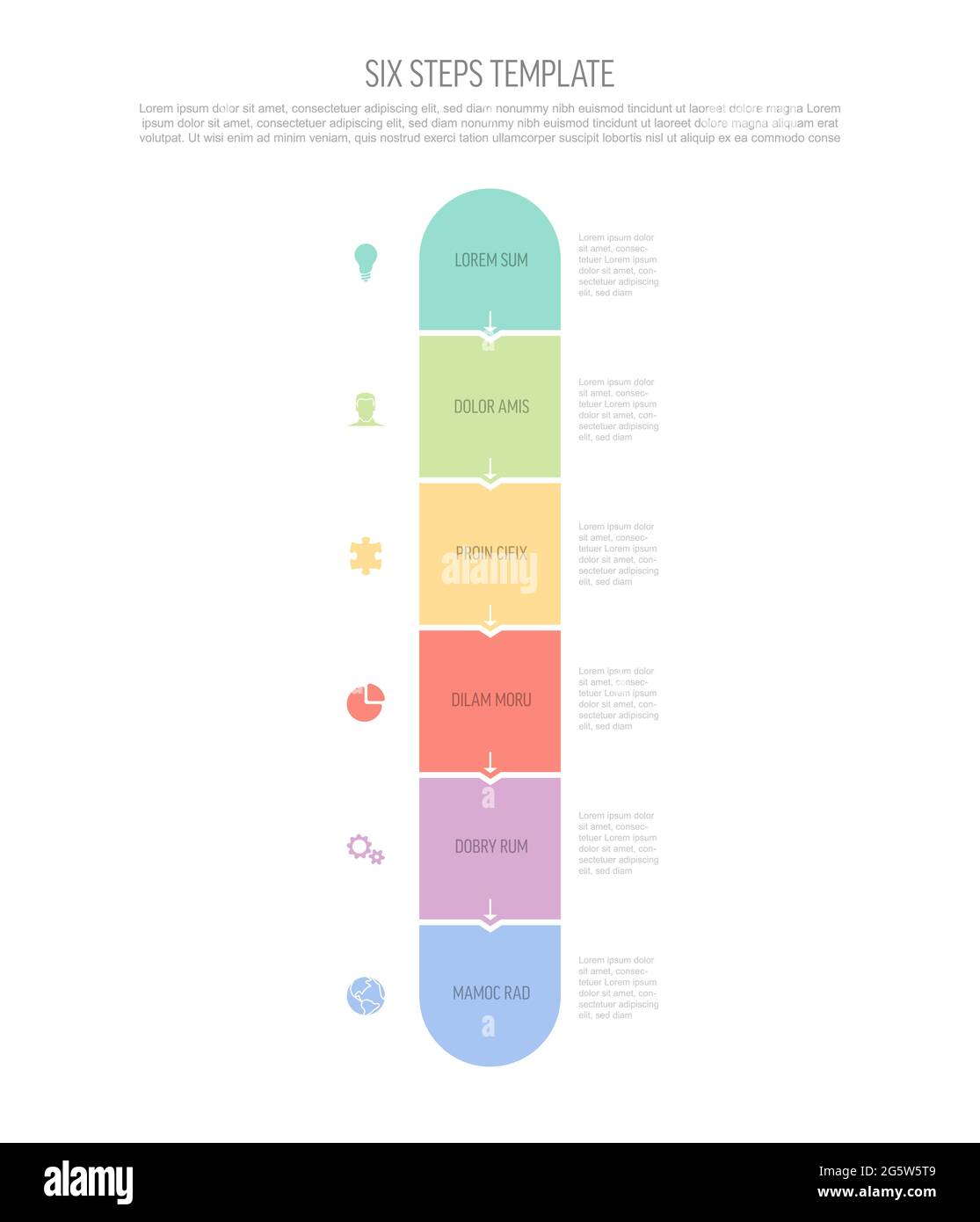 Six vector square flat vertical progress steps template with arrows and ...