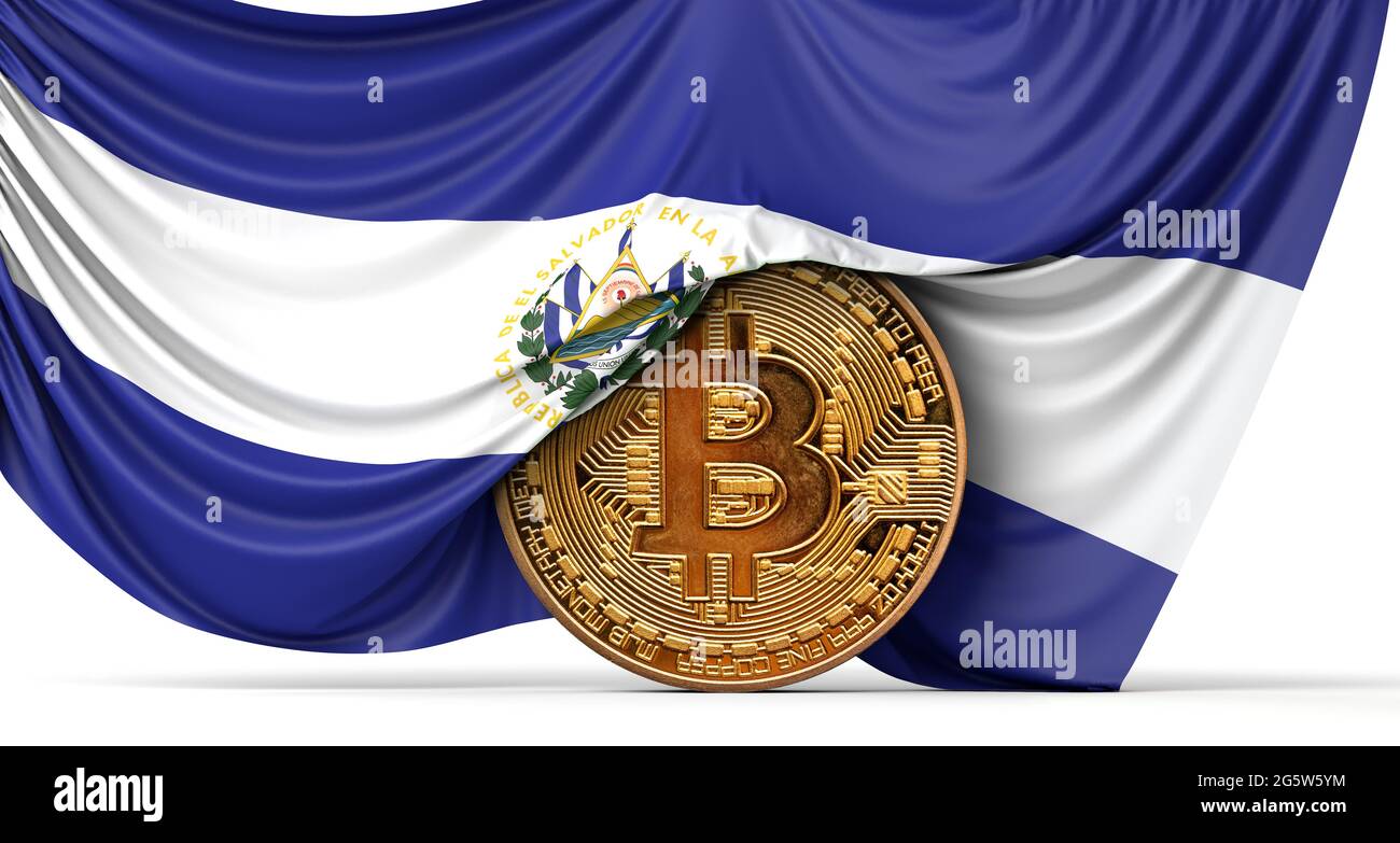 El Salvador flag draped over a bitcoin cryptocurrency coin. 3D ...