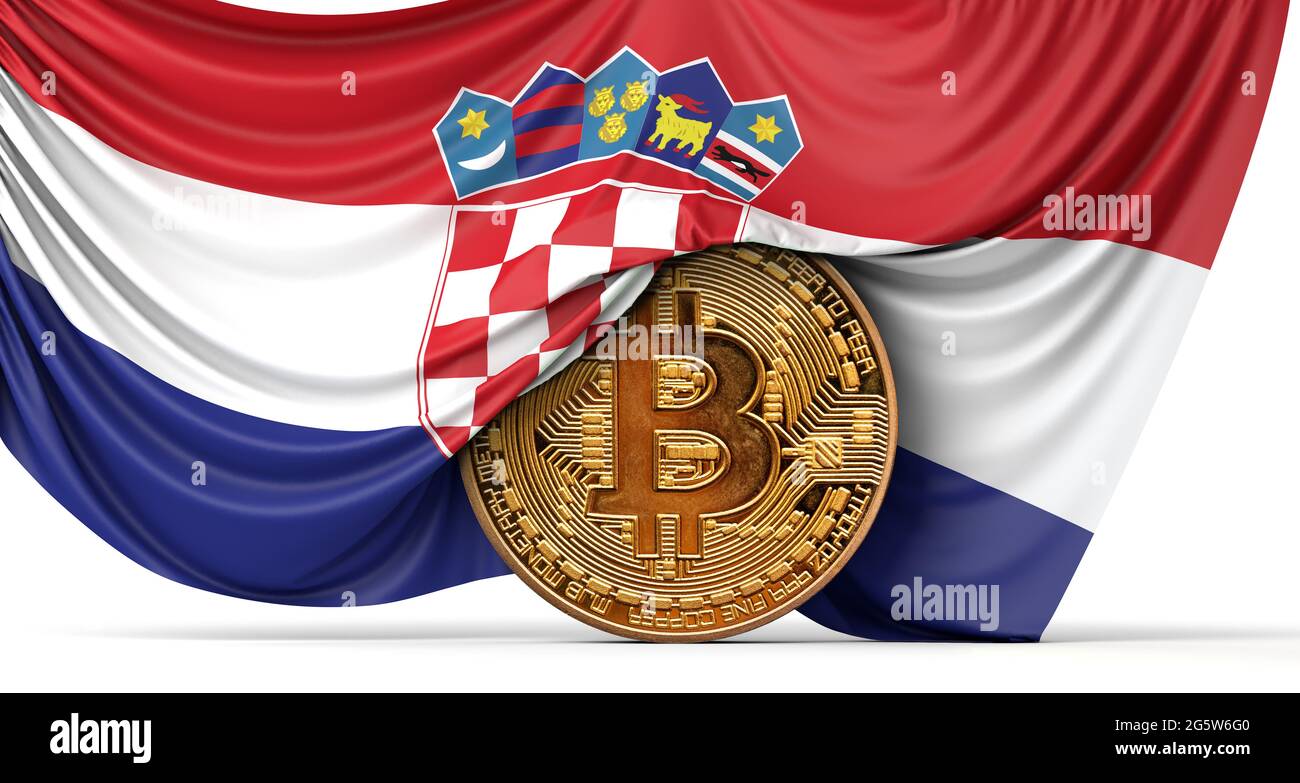 Croatia flag draped over a bitcoin cryptocurrency coin. 3D Rendering ...