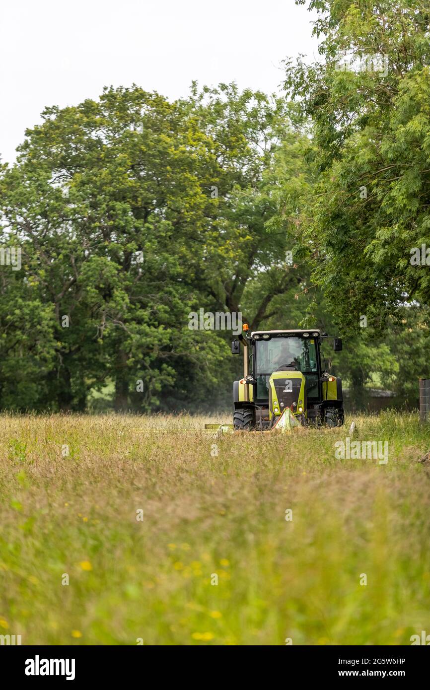 Summer grass cutting, Forest of Dean. CLAAS 820 Axion tractor and ...