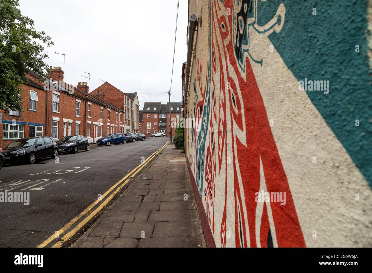 Street art on the end of a empty St Ecton st, Northampton, England, UK ...