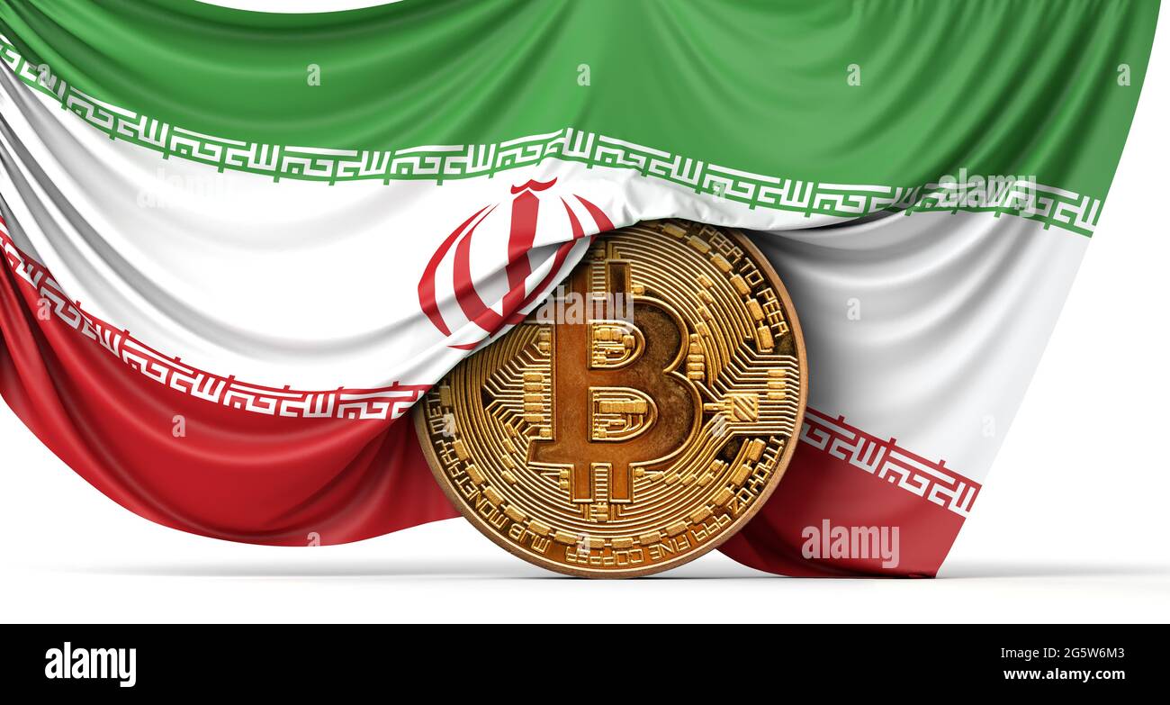 Iran flag draped over a bitcoin cryptocurrency coin. 3D Rendering Stock ...