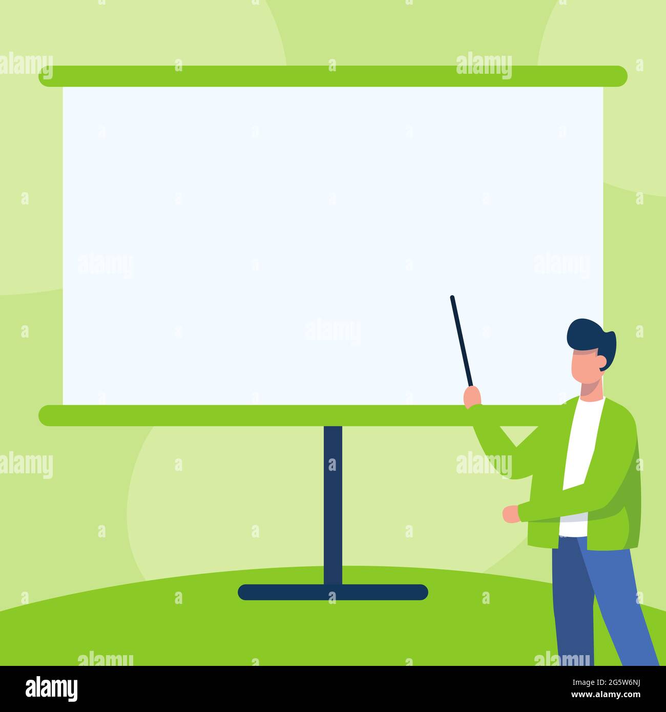 Teacher In Jacket Drawing Standing Pointing Stick At Blank Whiteboard ...