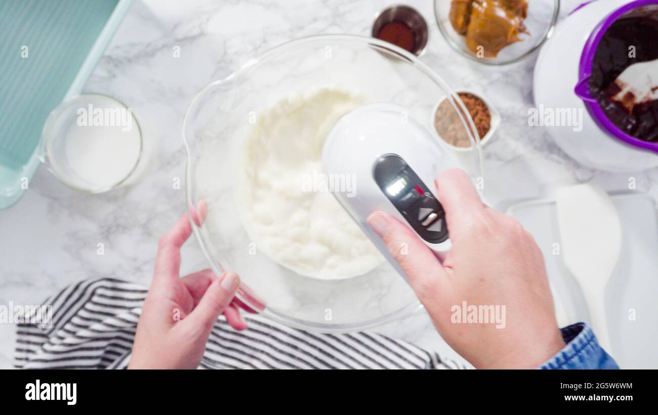 Flat lay. Step by step. Preparing homemade chocolate ice cream in a ...