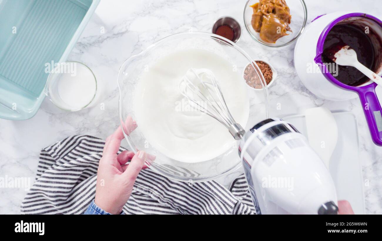 Flat lay. Step by step. Preparing homemade chocolate ice cream in a ...