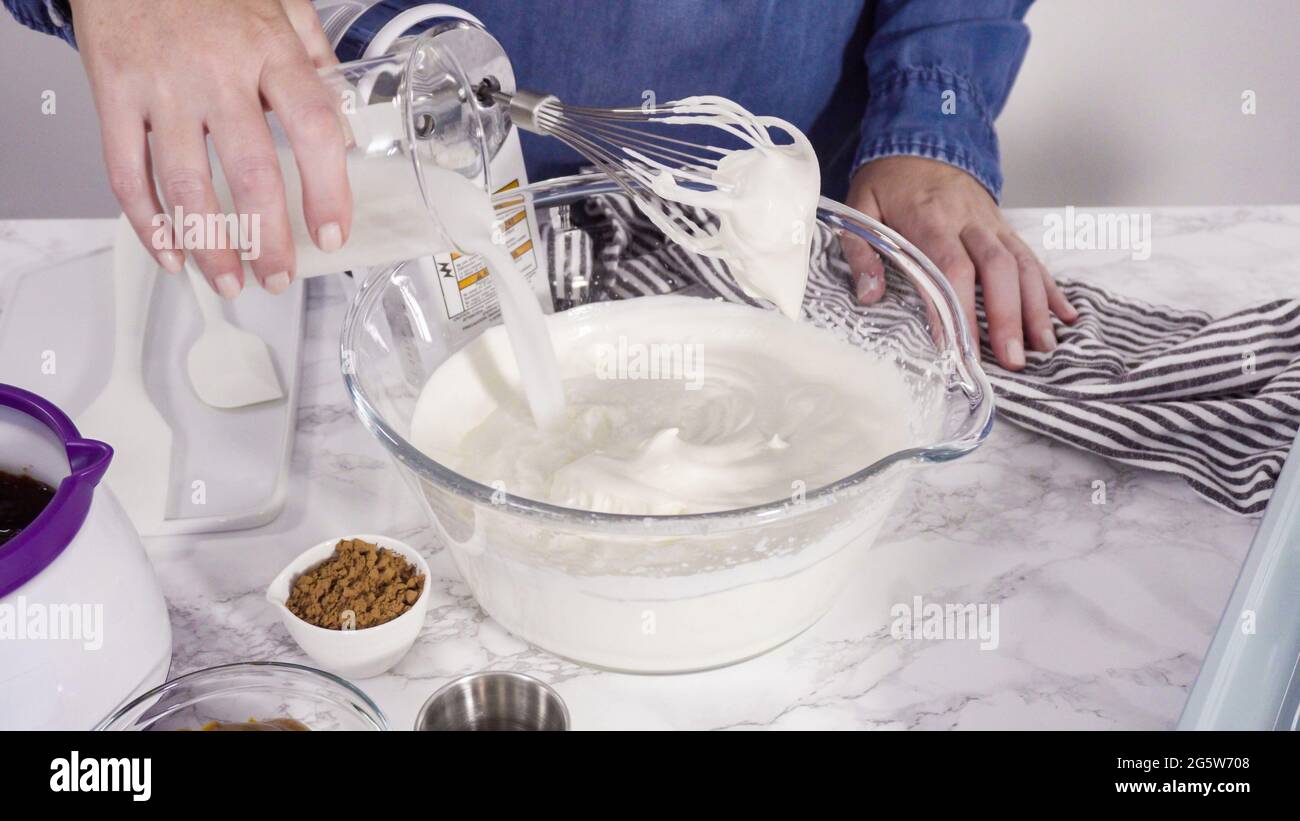 Step by step. Preparing homemade chocolate ice cream in a hand kitchen ...