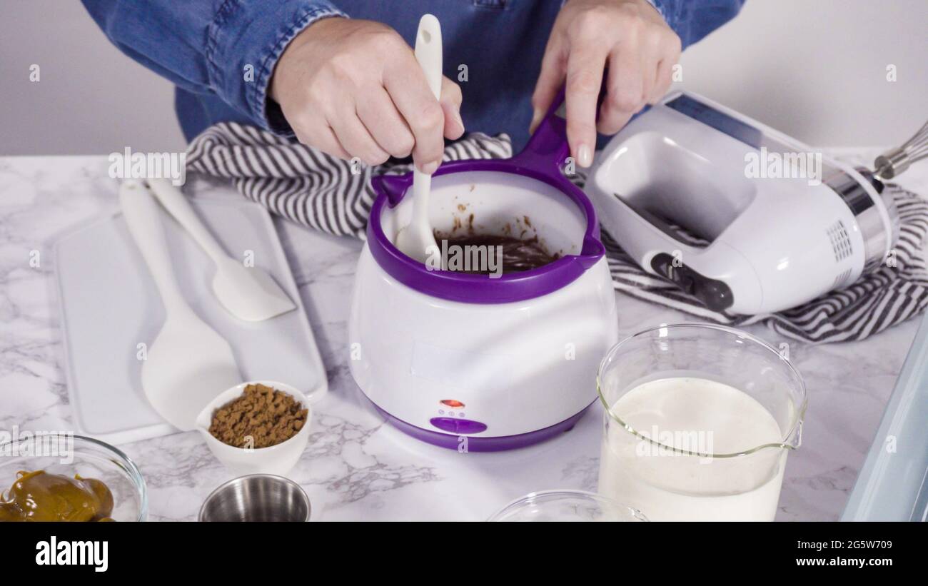 Step by step. Preparing homemade chocolate ice cream in a hand kitchen ...
