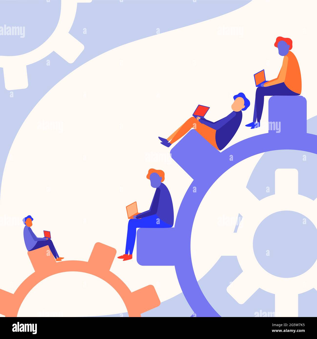 Four Teammates Drawing Sitting On Gears Using Laptop Showing Team ...