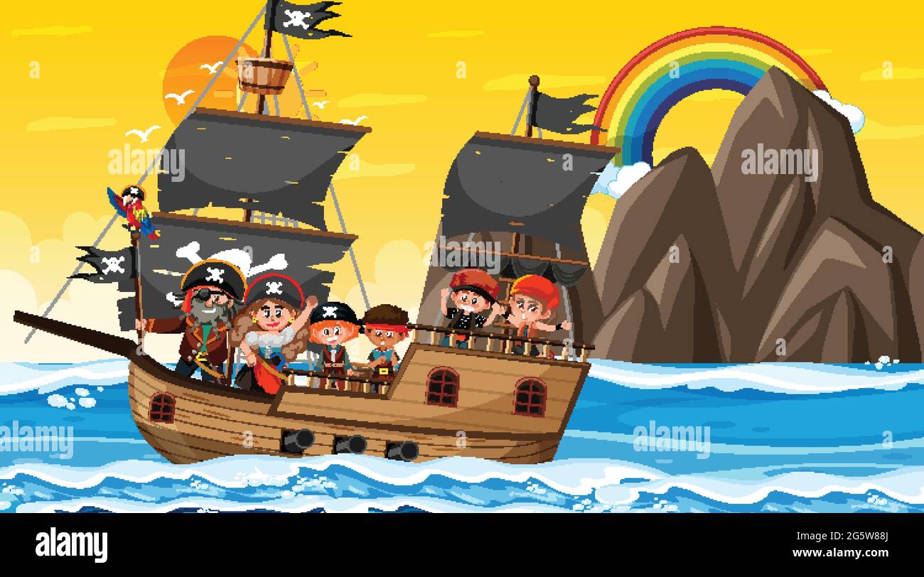 Ocean scene at sunset time with Pirate kids on the ship illustration ...