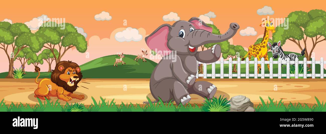 Forest panorama at daytime scene with various wild animals illustration ...
