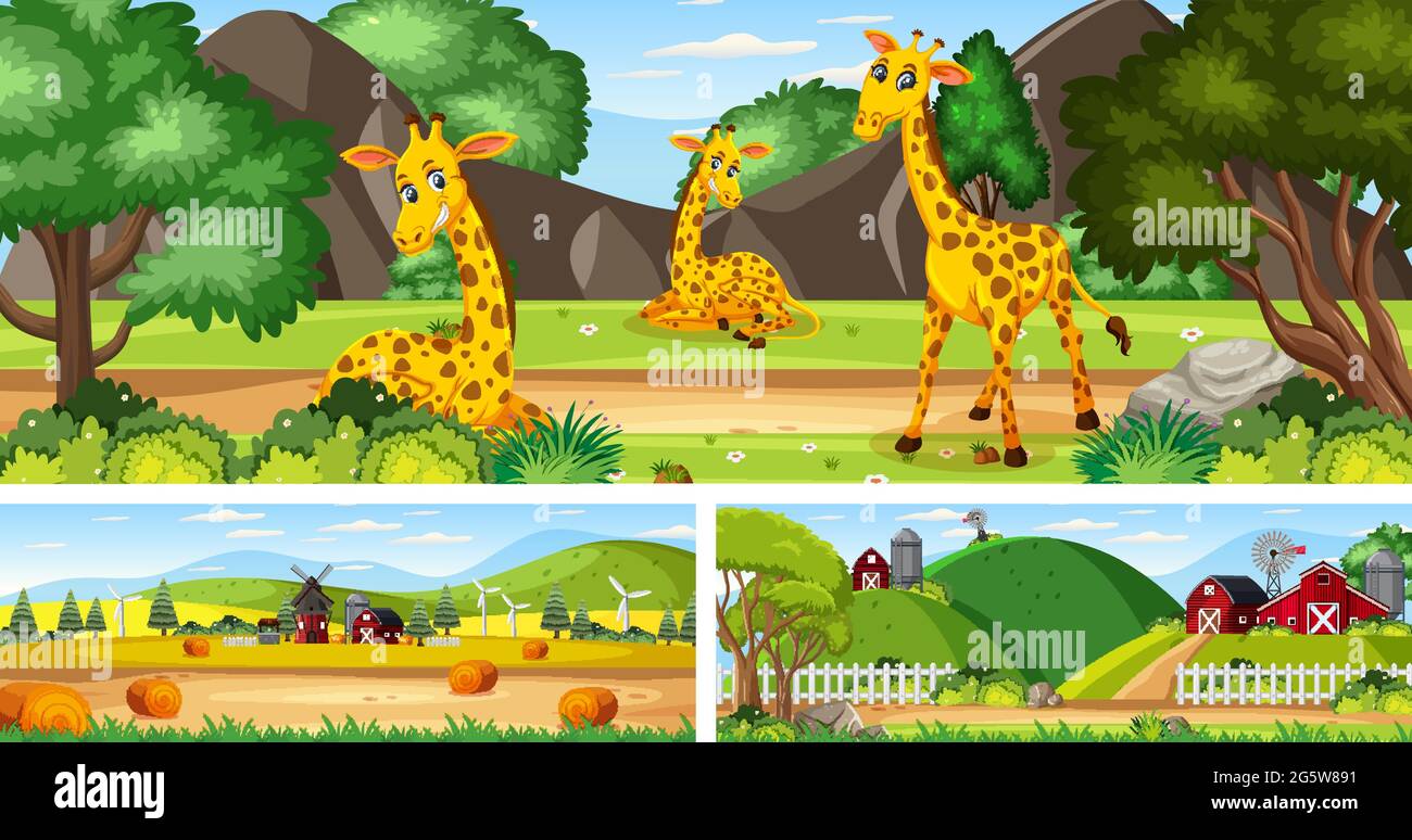 Set of different outdoor landscape scenes with cartoon character ...