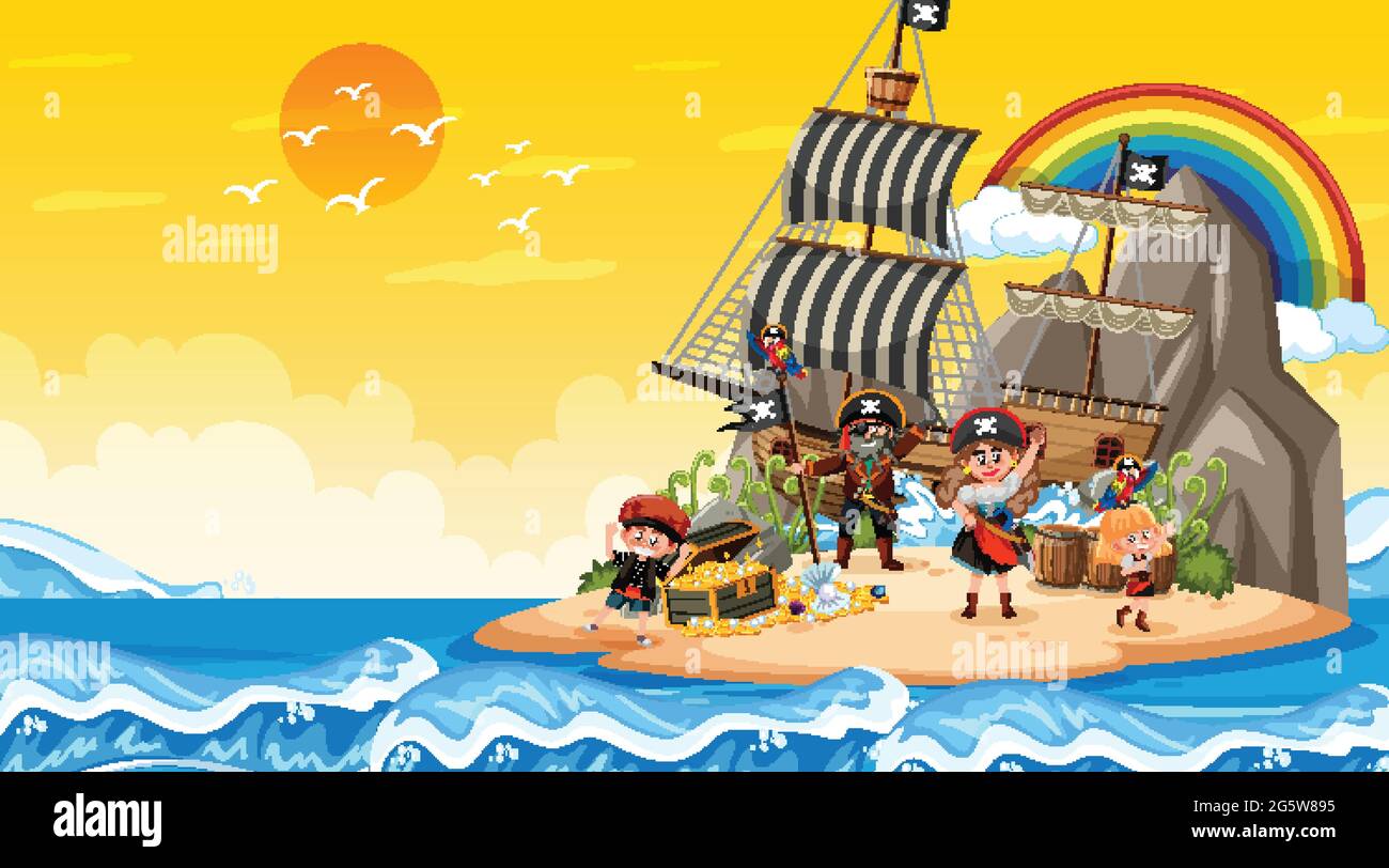 Treasure Island scene at sunset time with Pirate kids illustration ...