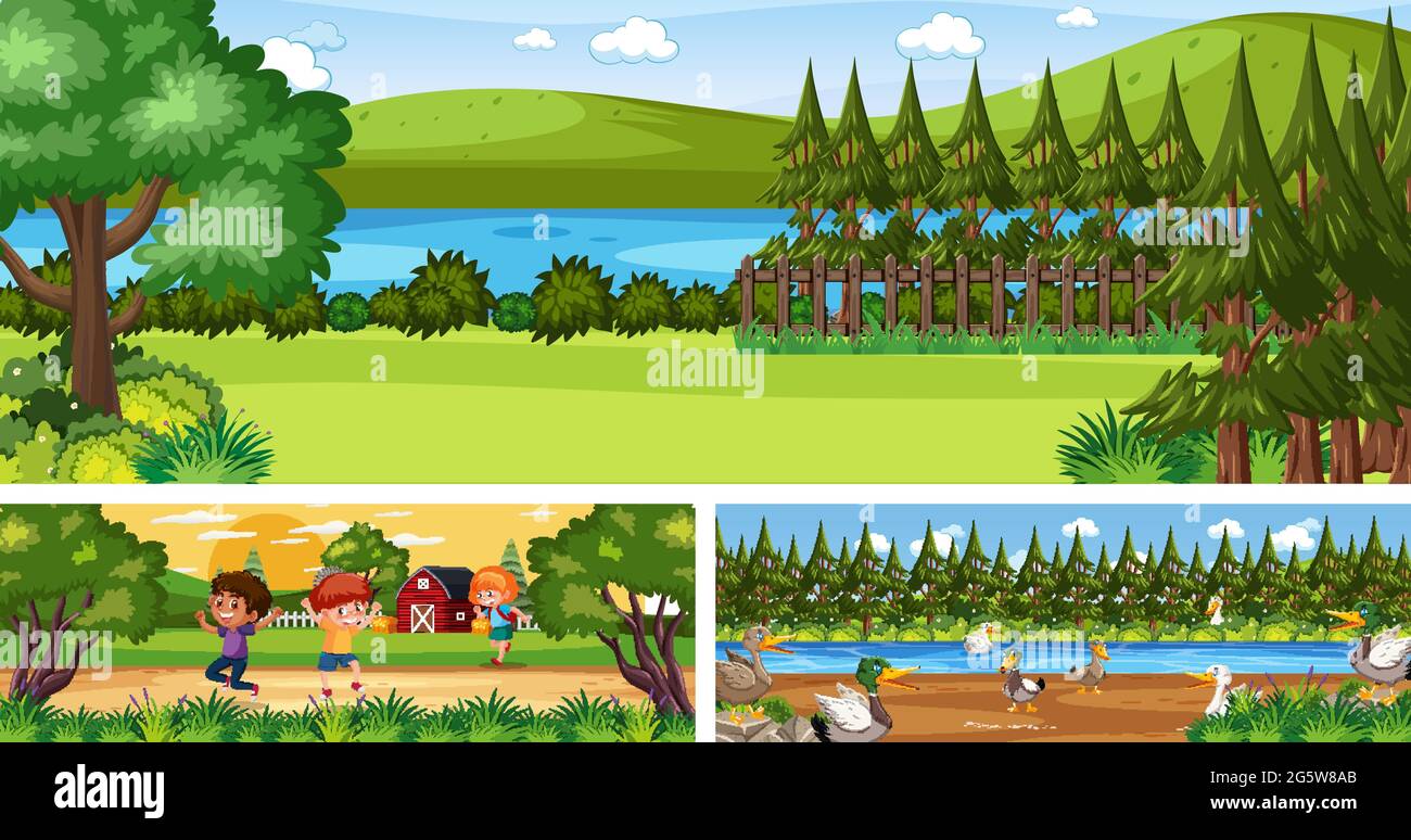 Set of different outdoor landscape scenes with cartoon character ...