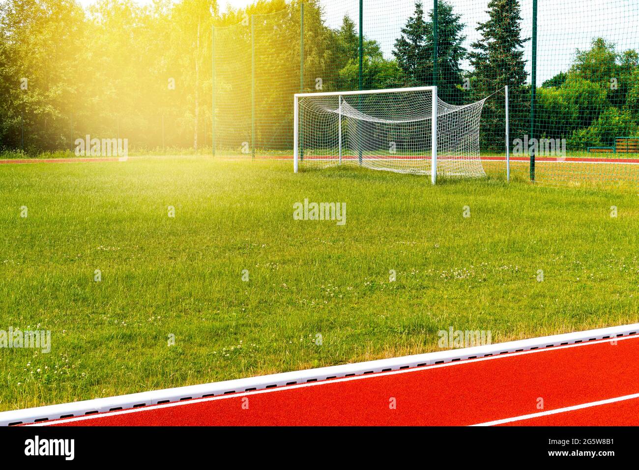 Empty gate on the football field with green grass. Concept of training ...