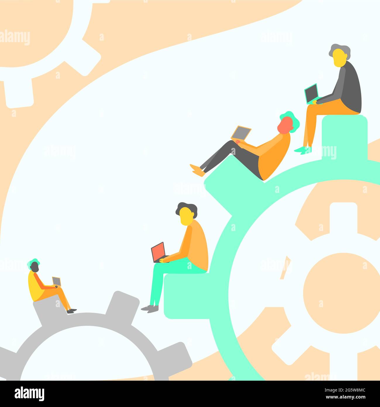 Four Teammates Drawing Sitting On Gears Using Laptop Showing Team ...
